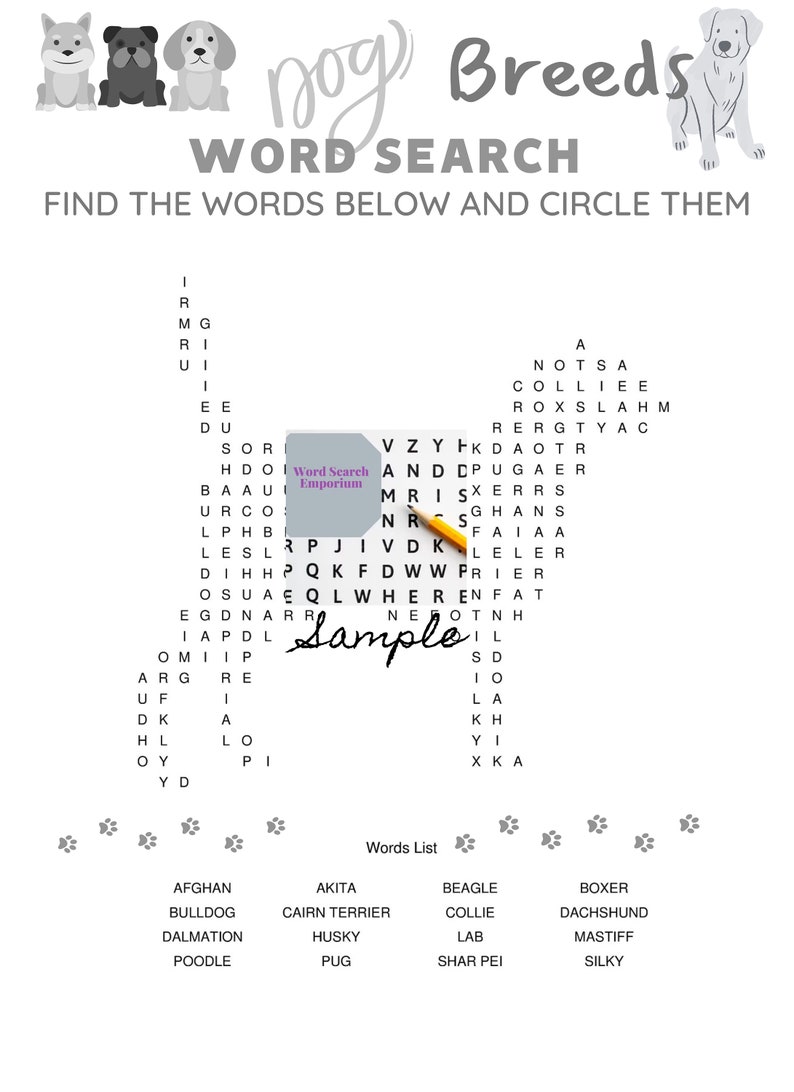 Dog Breeds Word Search Puzzle – Printable Activity (PDF Download) - Etsy