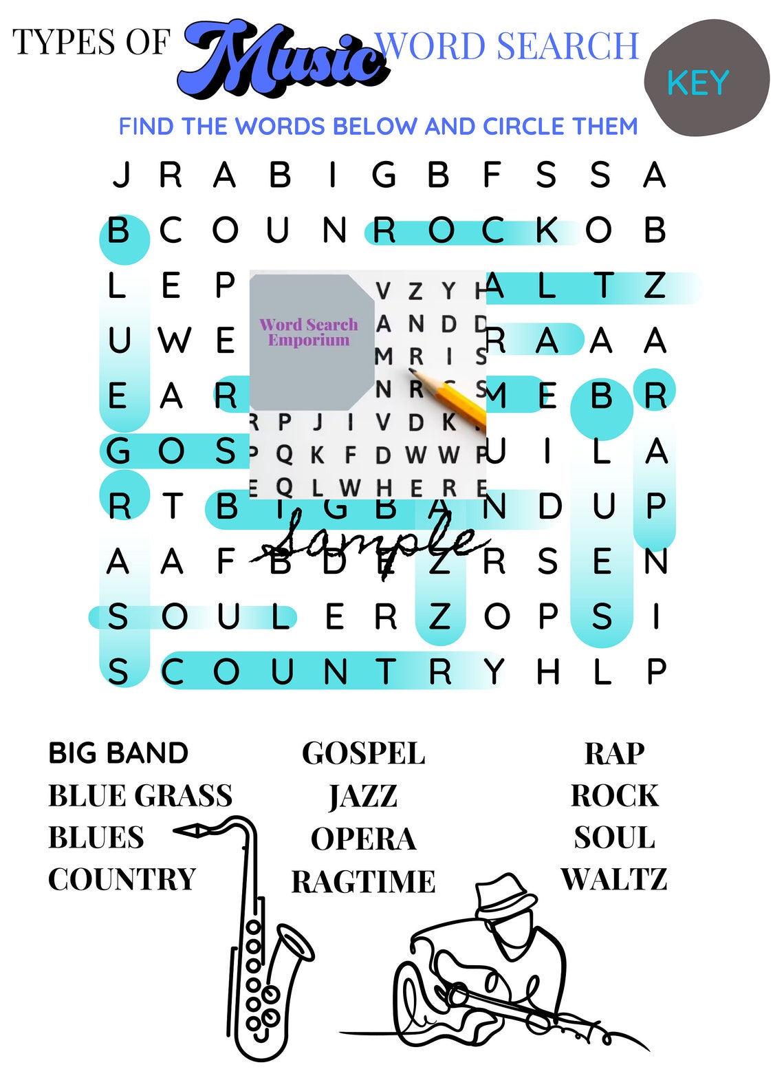 Musical Word Search Puzzle - Fun for All Ages to Find Music Genres With ...