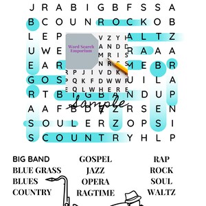 Musical Word Search Puzzle - Fun for All Ages to Find Music Genres With ...