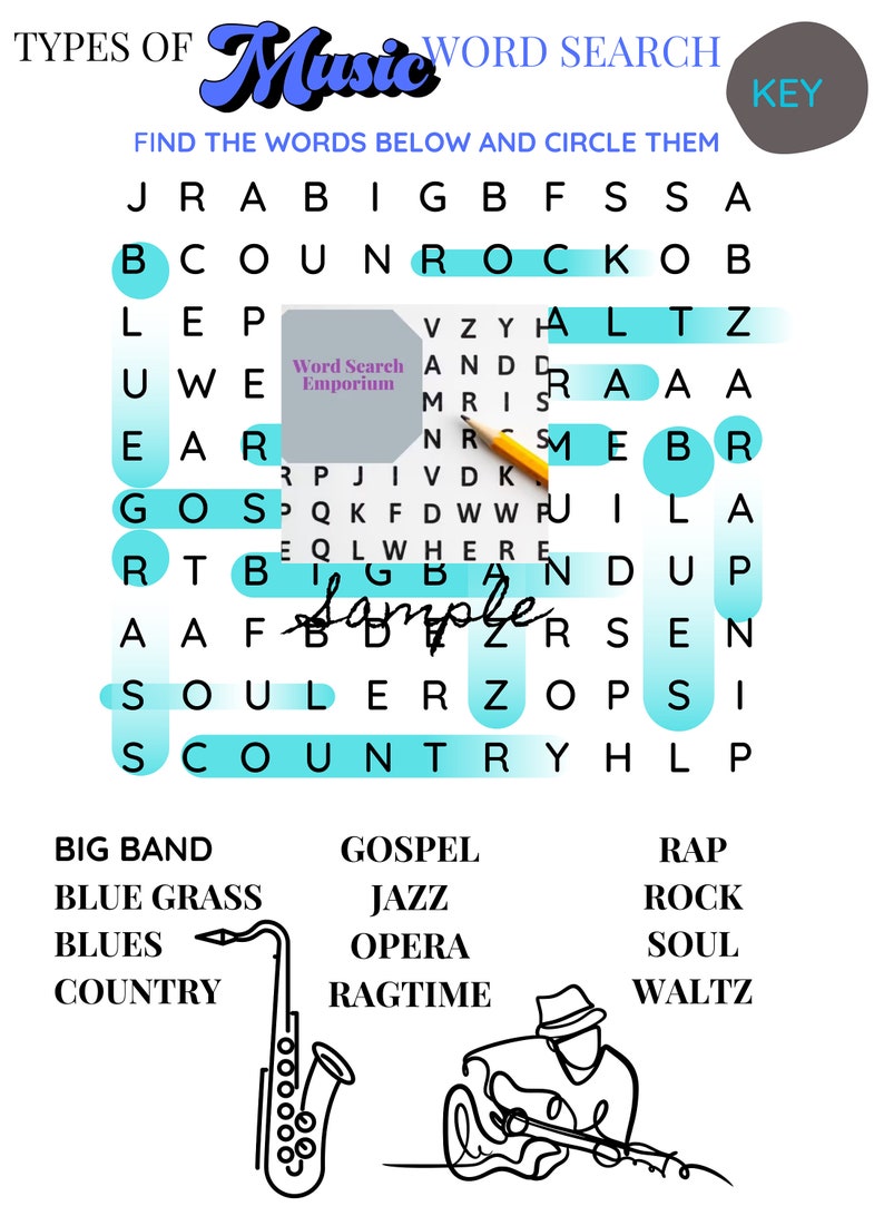 Musical Word Search Puzzle - Fun for All Ages to Find Music Genres With ...
