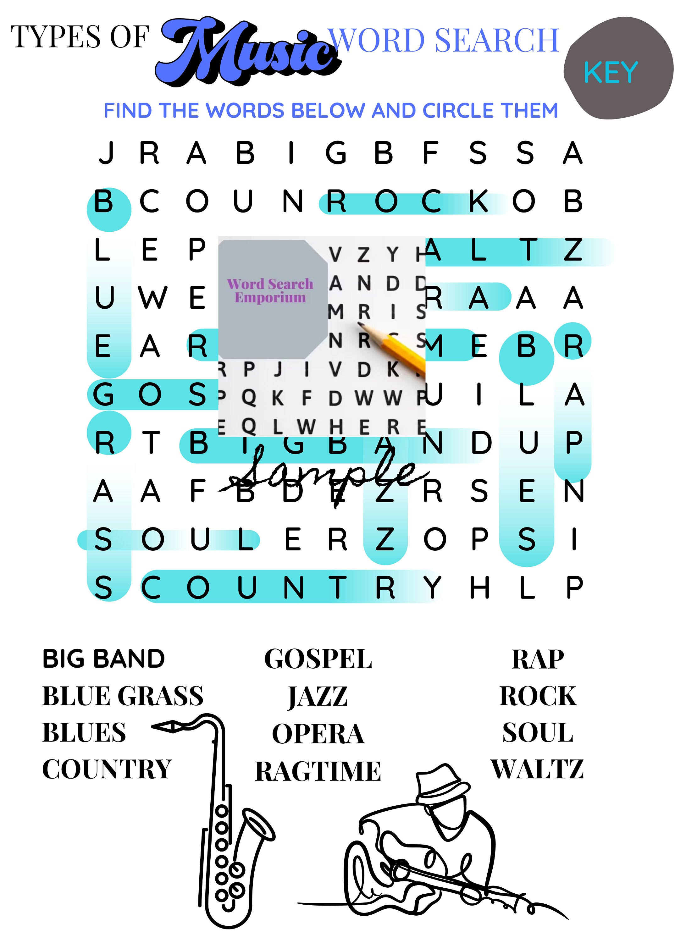Musical Word Search Puzzle - Fun for All Ages to Find Music Genres With ...