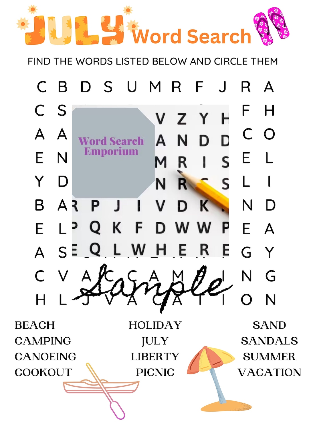 July Word Search Puzzle, Summer Activity (PDF Download) - Etsy