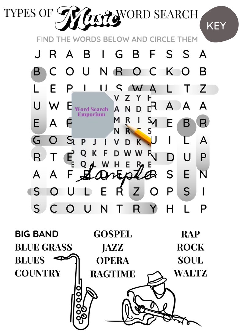 Musical Word Search Puzzle - Fun for All Ages to Find Music Genres With ...