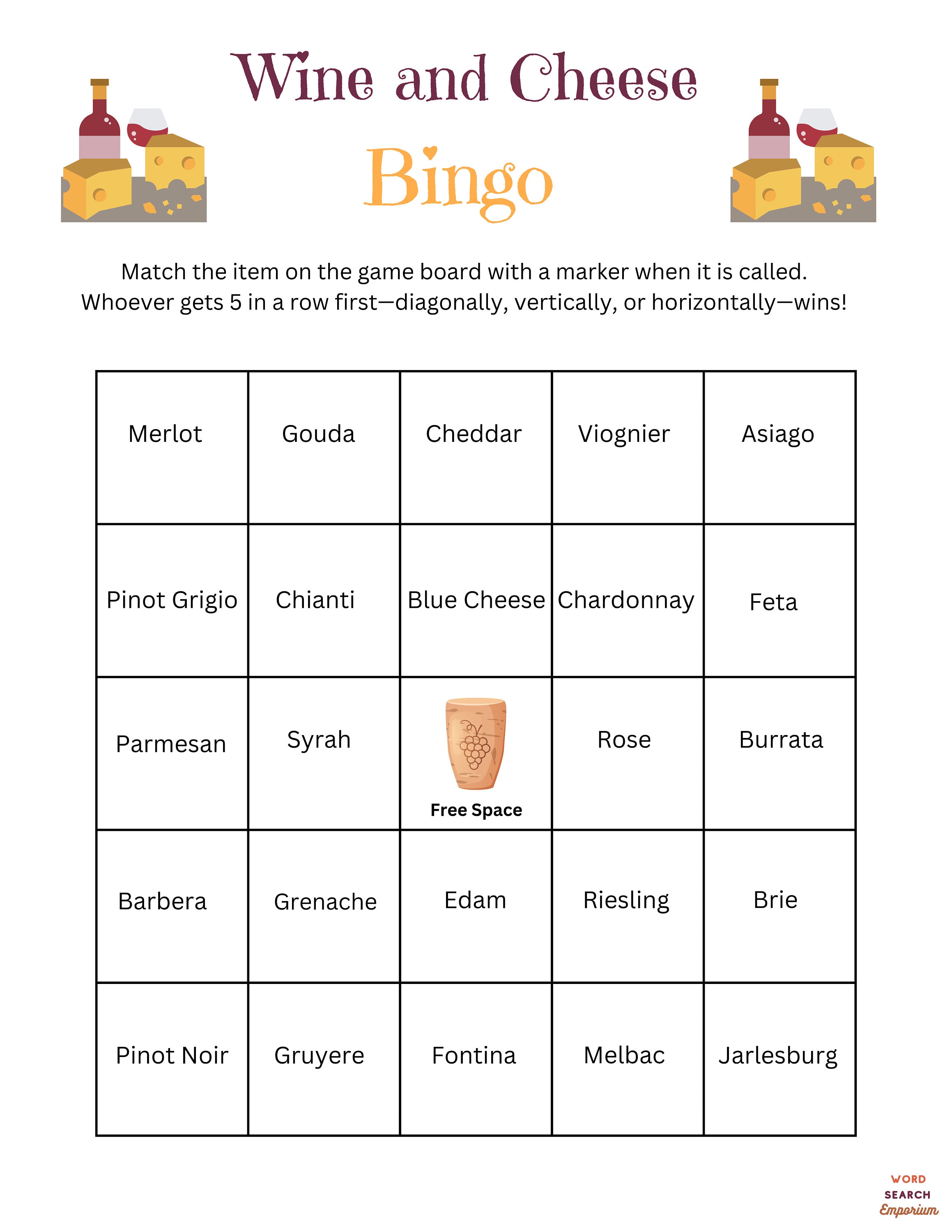 Wine & Cheese Game Bundle -5 Unique Fun Games for Your Party! BINGO ...