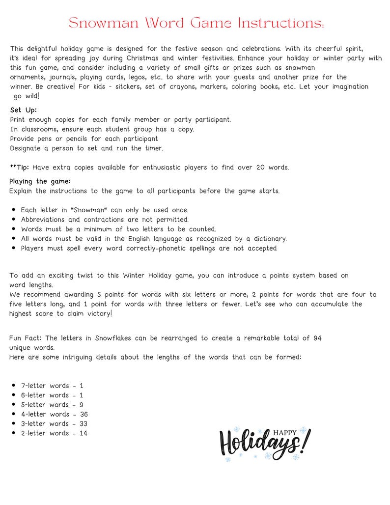 SNOWMAN Printable Word Game! How Many Words Can You Make From the Word ...