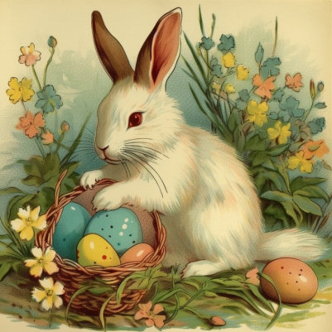 Digital Download Vintage Style Cute White Rabbit in a Basket of Easter ...