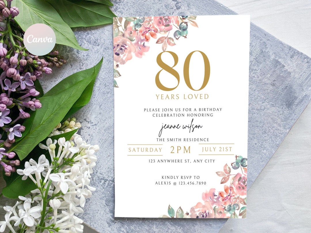 80th Birthday Invitation, 80th Invite Template, Digital 80th Birthday ...