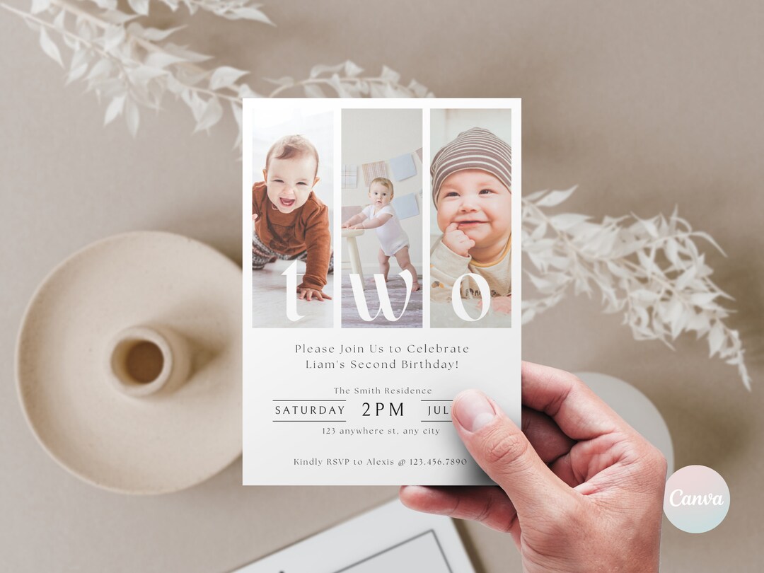 2nd Birthday Invitation Boy, Minimal 2nd Birthday Invitation Template ...
