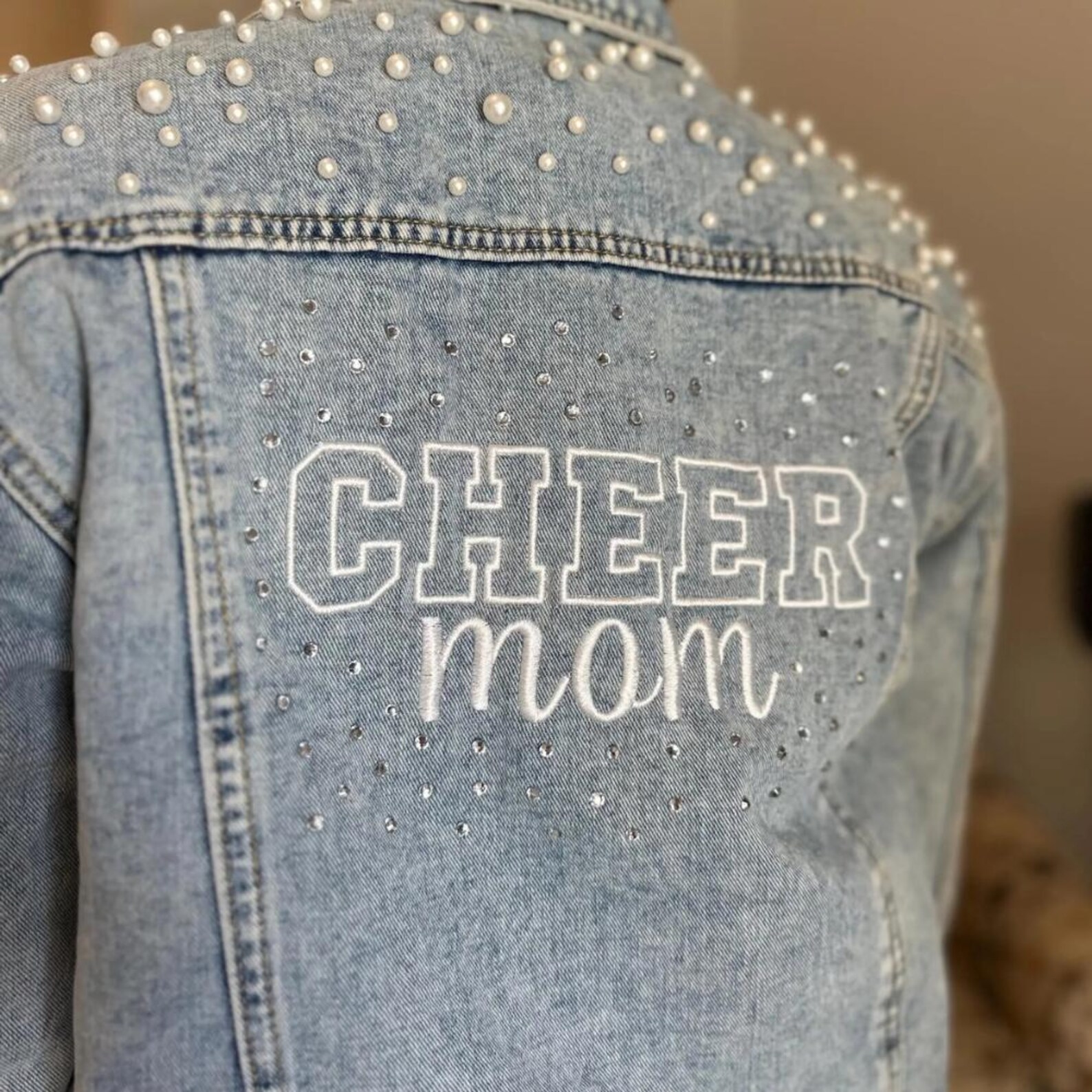 Custom Cheer Mom Denim Jacket: Pearl & Rhinestone Embellished - Etsy