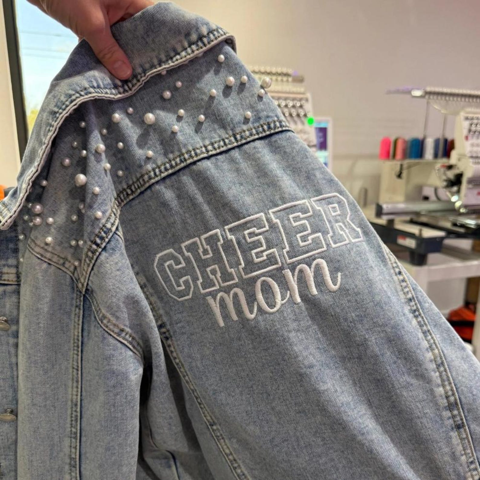Custom Cheer Mom Denim Jacket: Pearl & Rhinestone Embellished - Etsy