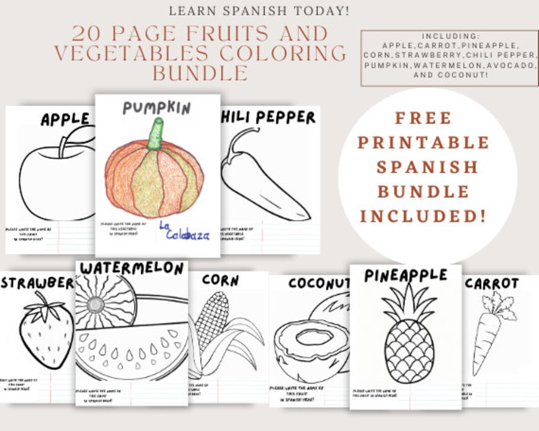 Fruit and Veggies Bilingual Coloring Page Bundle: Kids Activity, Learn ...