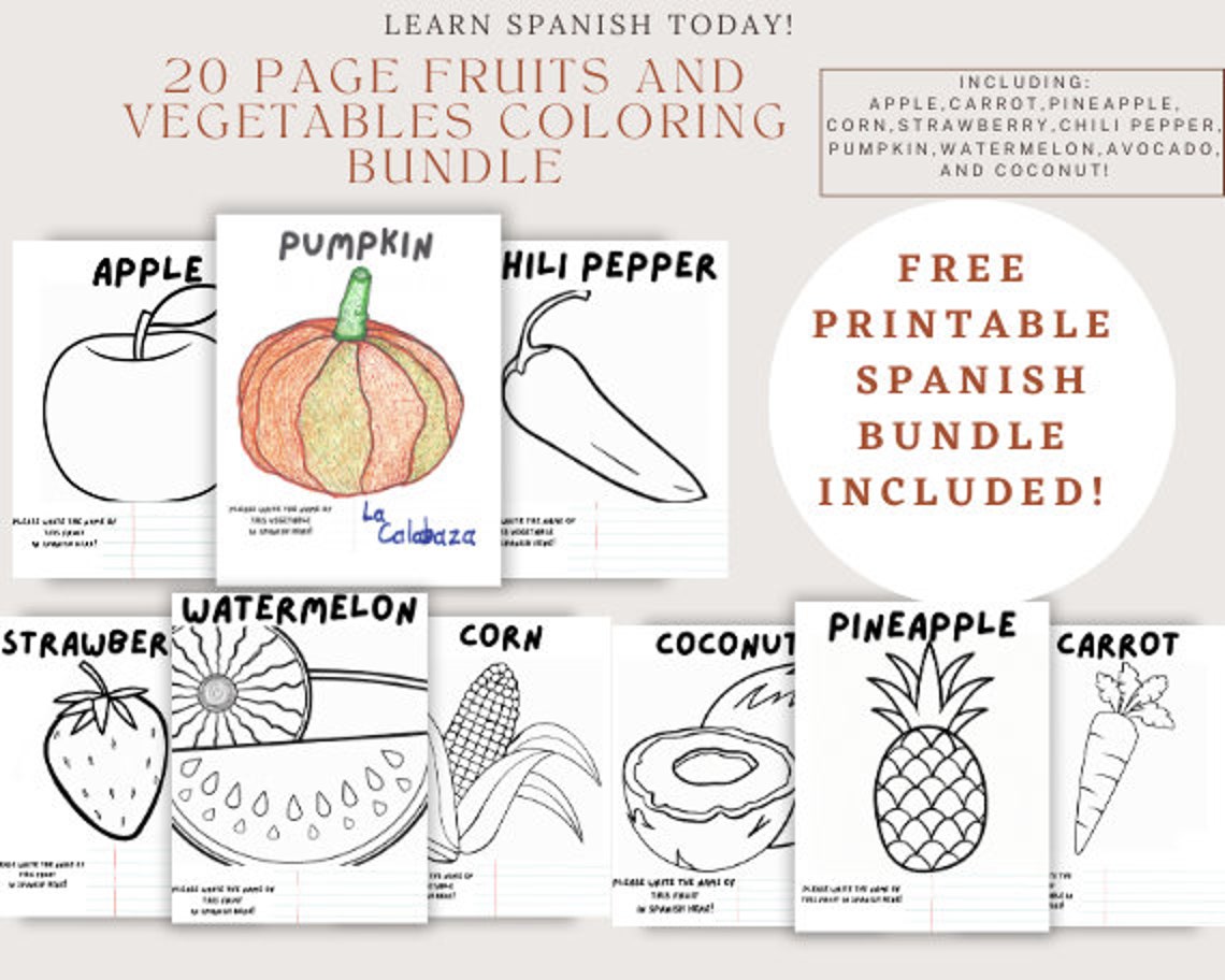 Fruit and Veggies Bilingual Coloring Page Bundle: Kids Activity, Learn ...