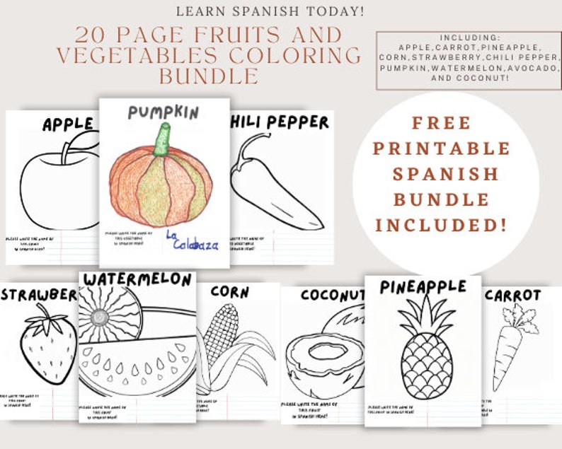 Fruit and Veggies Bilingual Coloring Page Bundle: Kids Activity, Learn ...