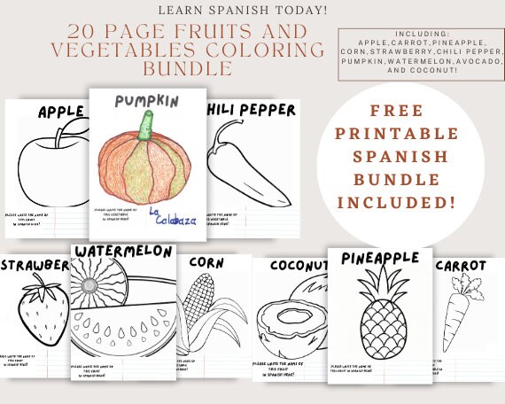 Fruit and Veggies Bilingual Coloring Page Bundle: Kids Activity, Learn ...