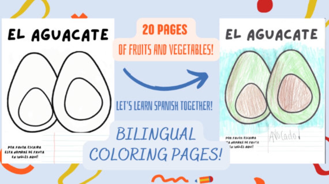 Fruit and Veggies Bilingual Coloring Page Bundle: Kids Activity, Learn ...