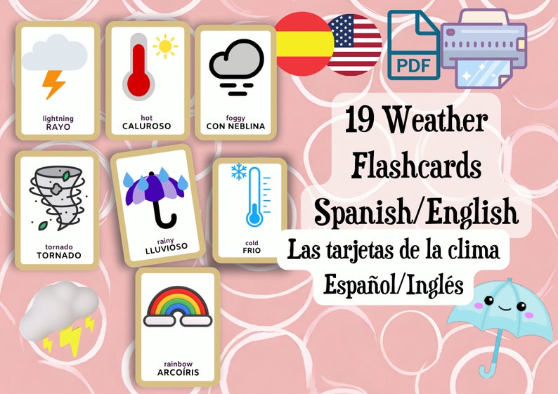 Spanish Weather Flashcards, 19 Bilingual Montessori Flashcards, Spanish ...