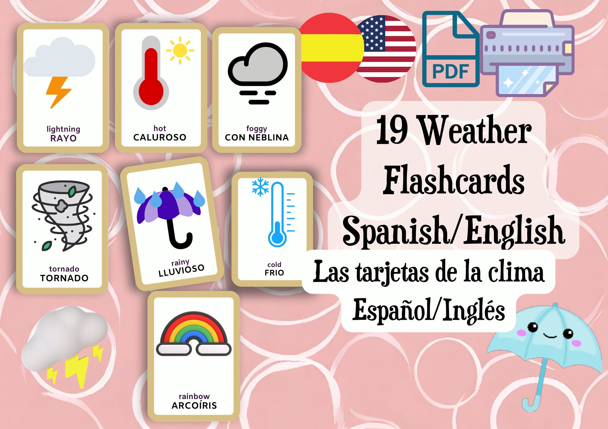 Spanish Weather Flashcards, 19 Bilingual Montessori Flashcards, Spanish ...