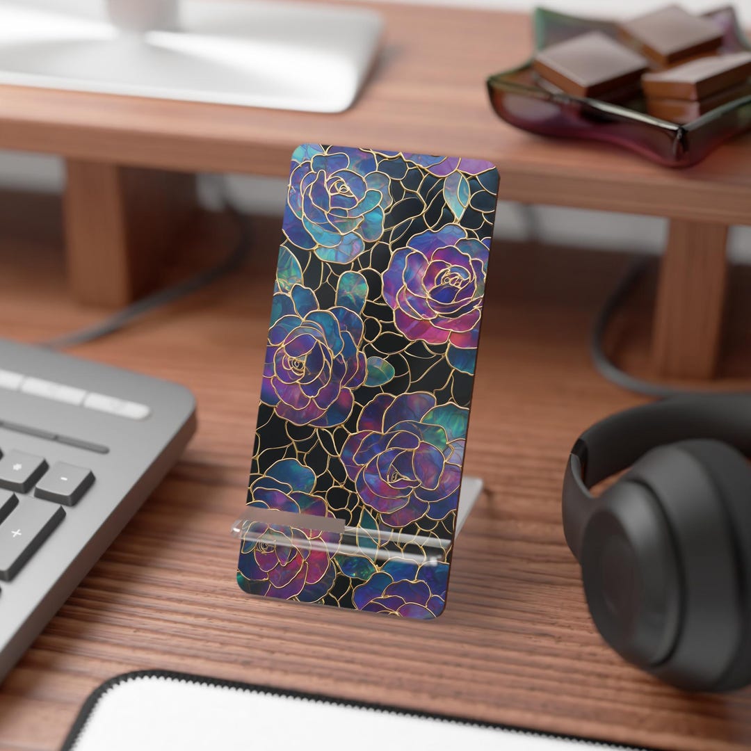 Opal Roses Phone Stand, Floral Stained Glass PRINTED Mobile Display ...