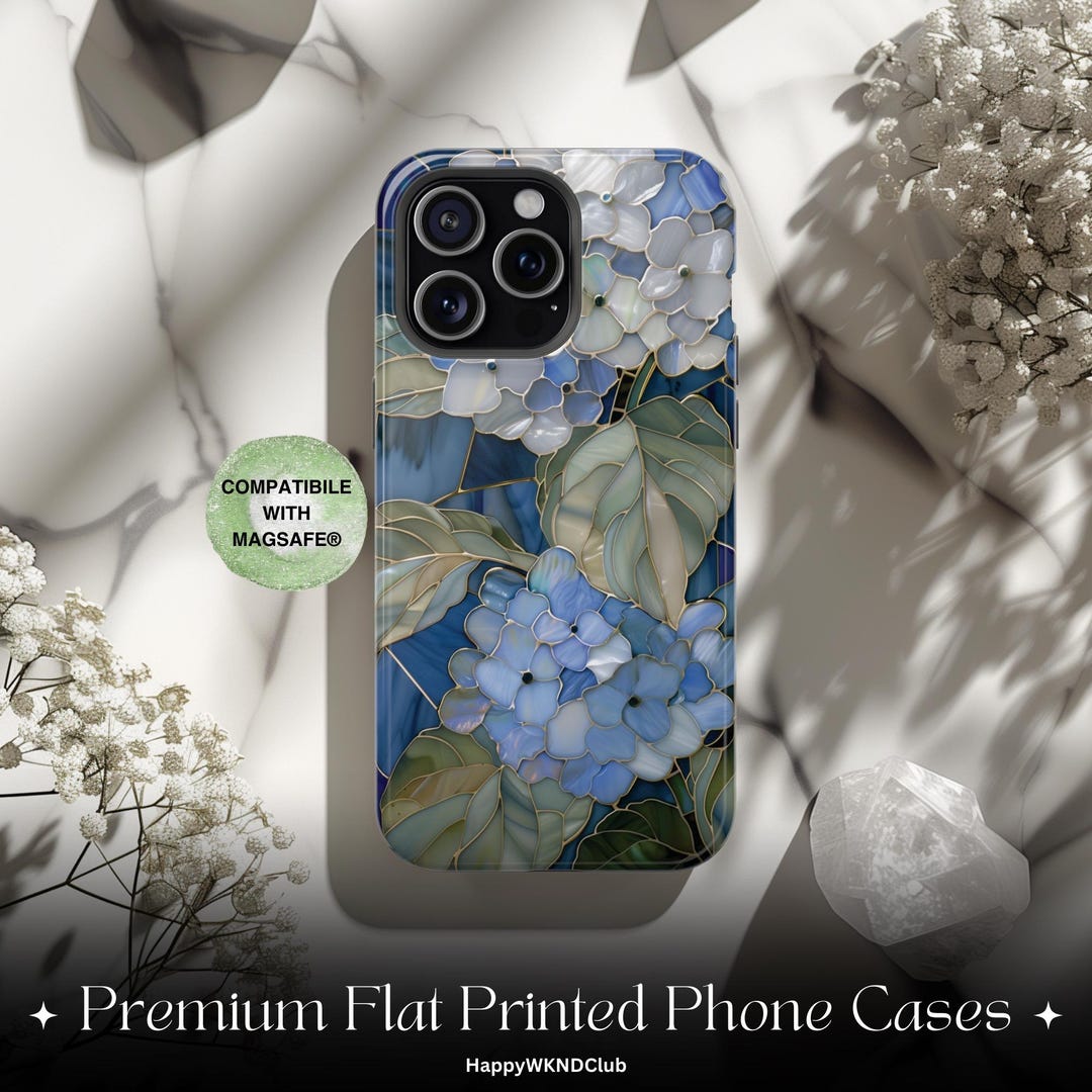 Blue Hydrangea Magsafe Tough Phone Case, Floral Stained Glass PRINTED ...