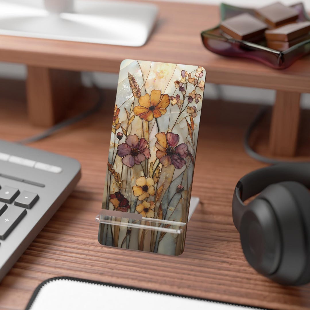 Fall Wildflowers Phone Stand, Rustic Floral Stained Glass PRINTED ...