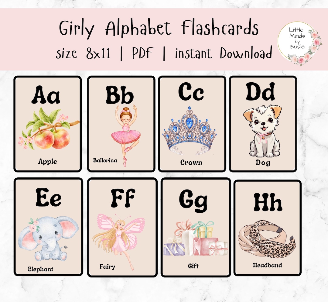 Girl Alphabet Flashcards, Educational Cards, Preschool, Kindergarten ...
