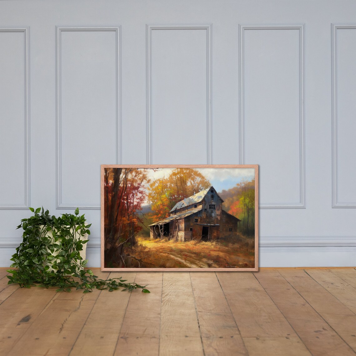 A Realistic Oil Painting Print of A Rustic Barn in Autumn Surrounded by ...