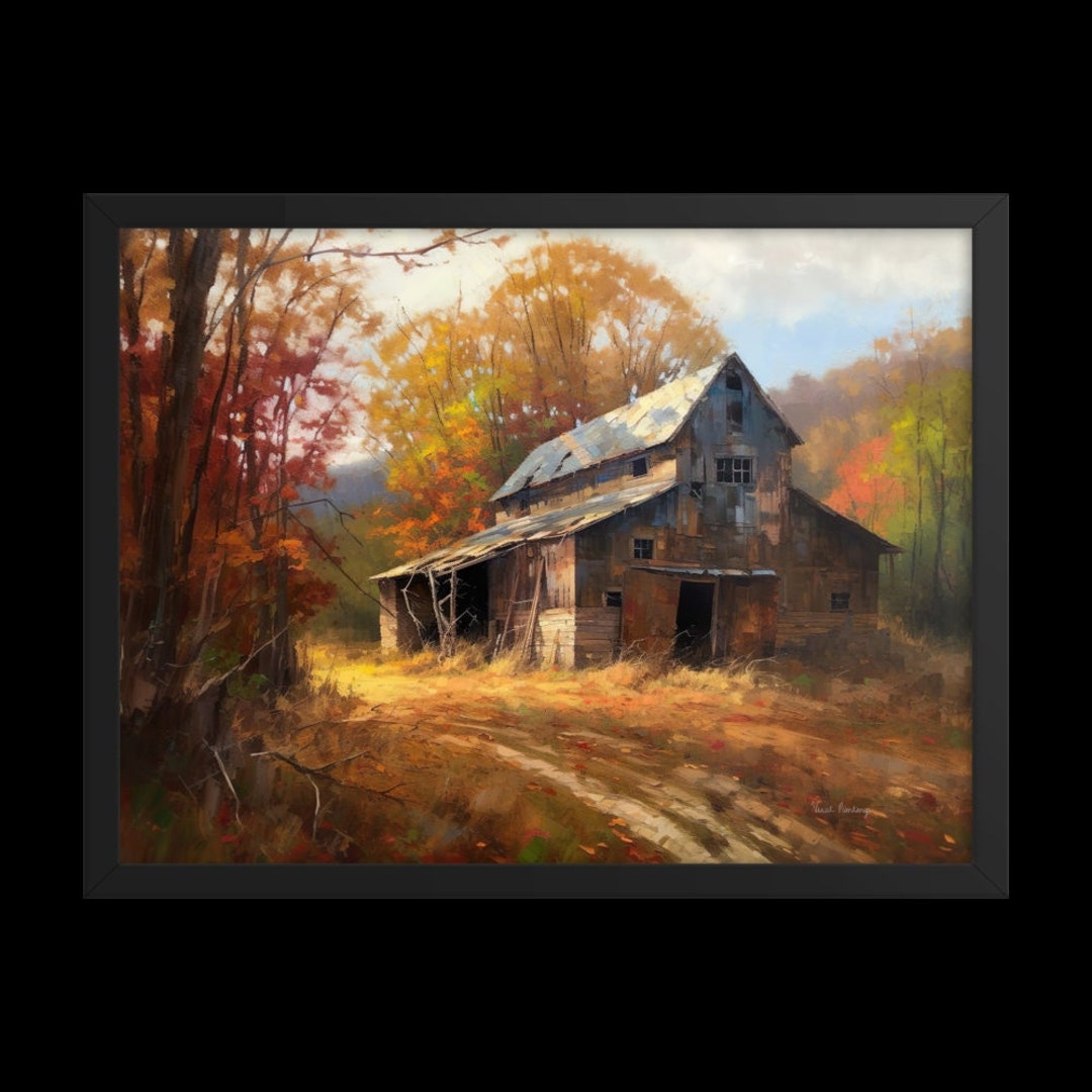A Realistic Oil Painting Print of A Rustic Barn in Autumn Surrounded by ...