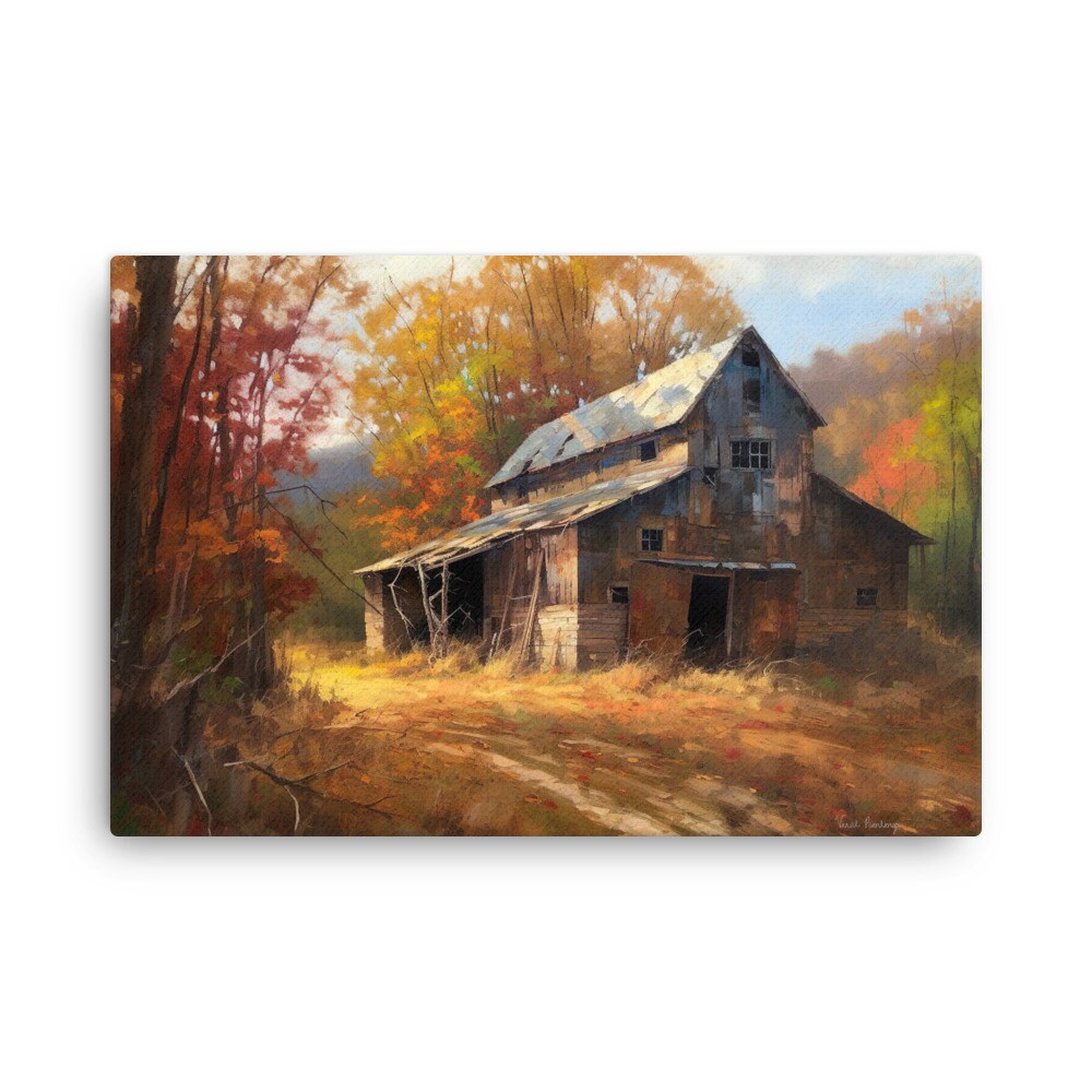 A Realistic Oil Painting Print of A Rustic Barn in Autumn Surrounded by ...