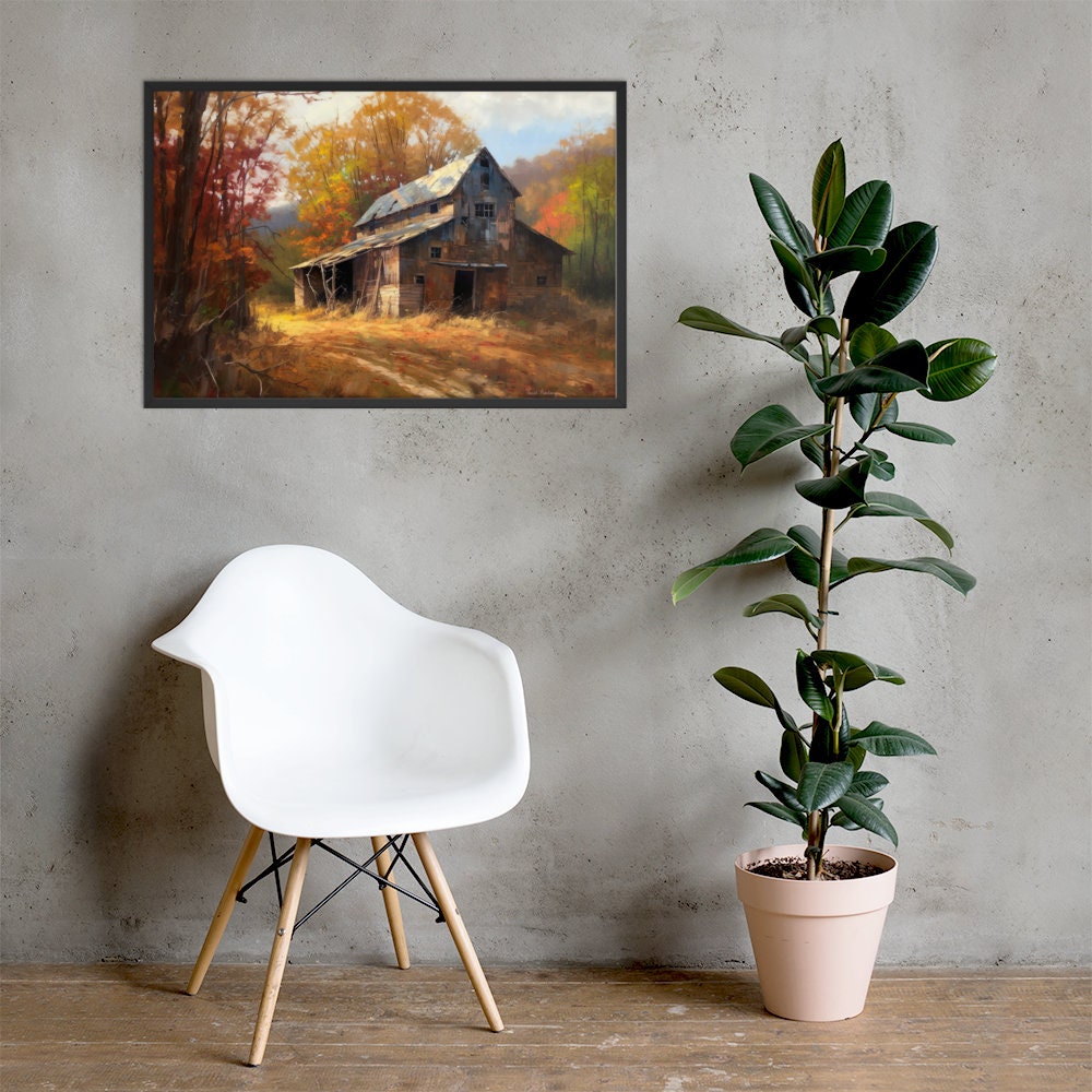 A Realistic Oil Painting Print of A Rustic Barn in Autumn Surrounded by ...
