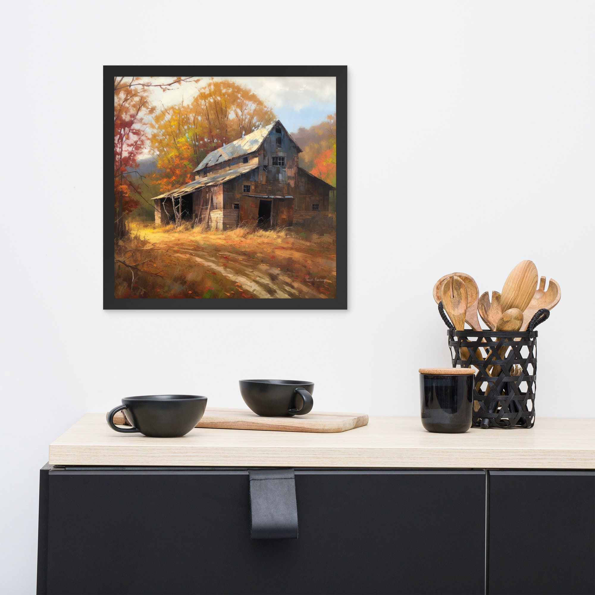 A Realistic Oil Painting Print of A Rustic Barn in Autumn Surrounded by ...