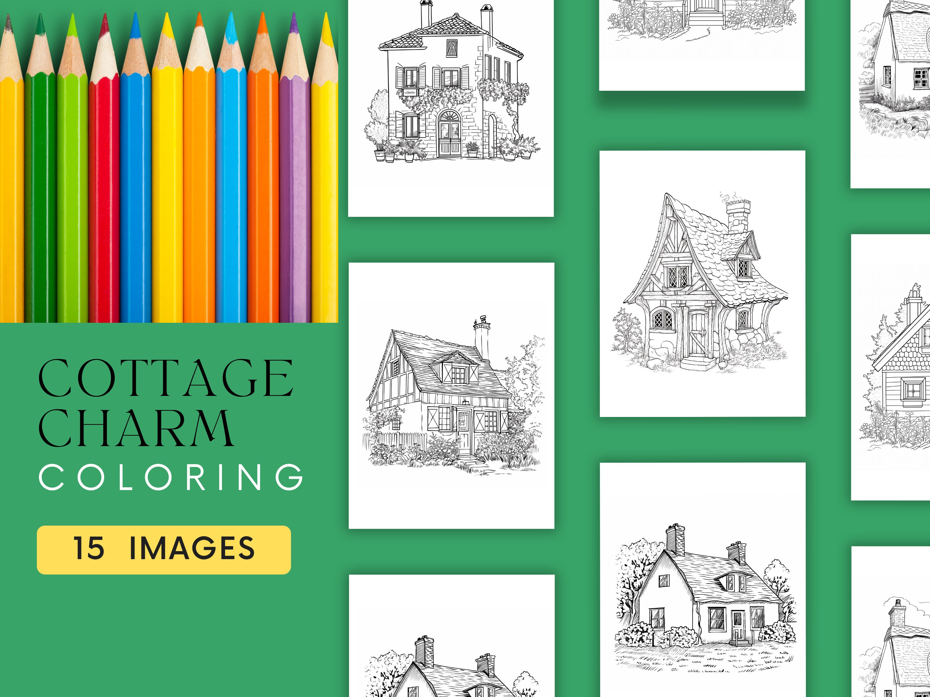 Cottage House Coloring Pages for Adults, Cottage Charm 15 Houses ...