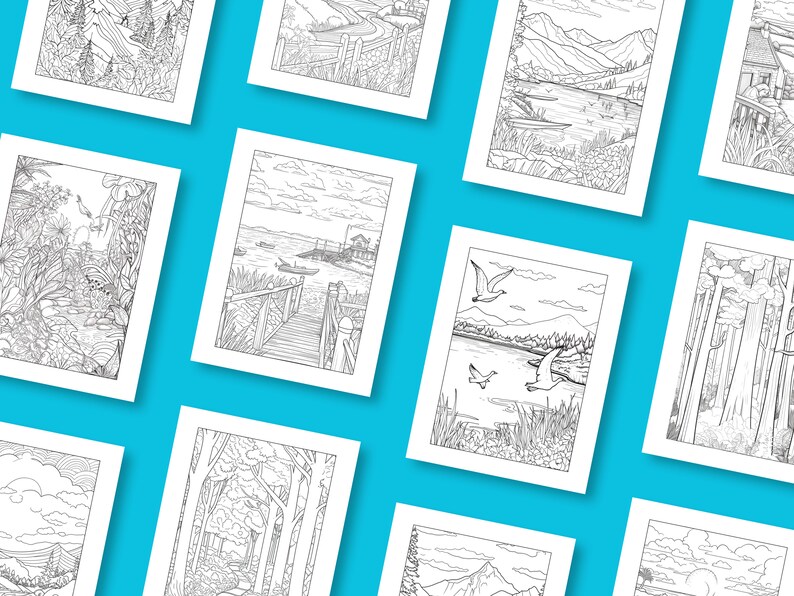 Printable Colouring Pages for Kids and Adults, 20 Nature Landscapes ...