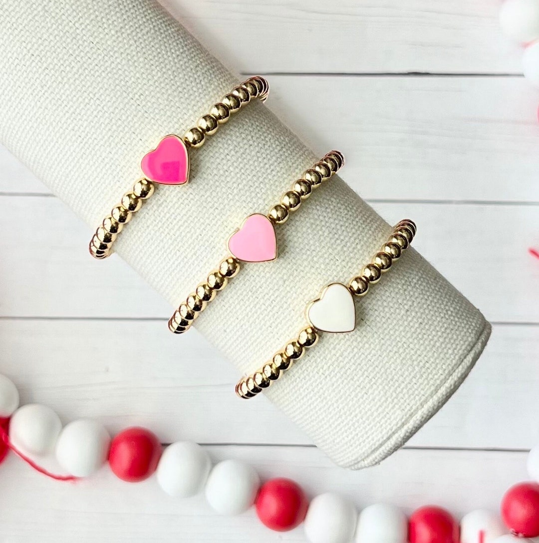 Enamel Heart Bracelet With Gold Beads Gift for Her Valentine - Etsy