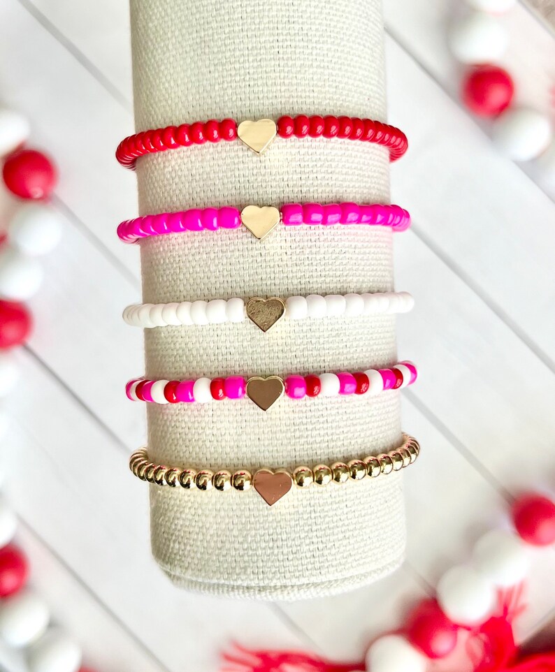 Gold Heart Seed Bead Bracelet, Valentine Bracelet, Heart Stacking ...