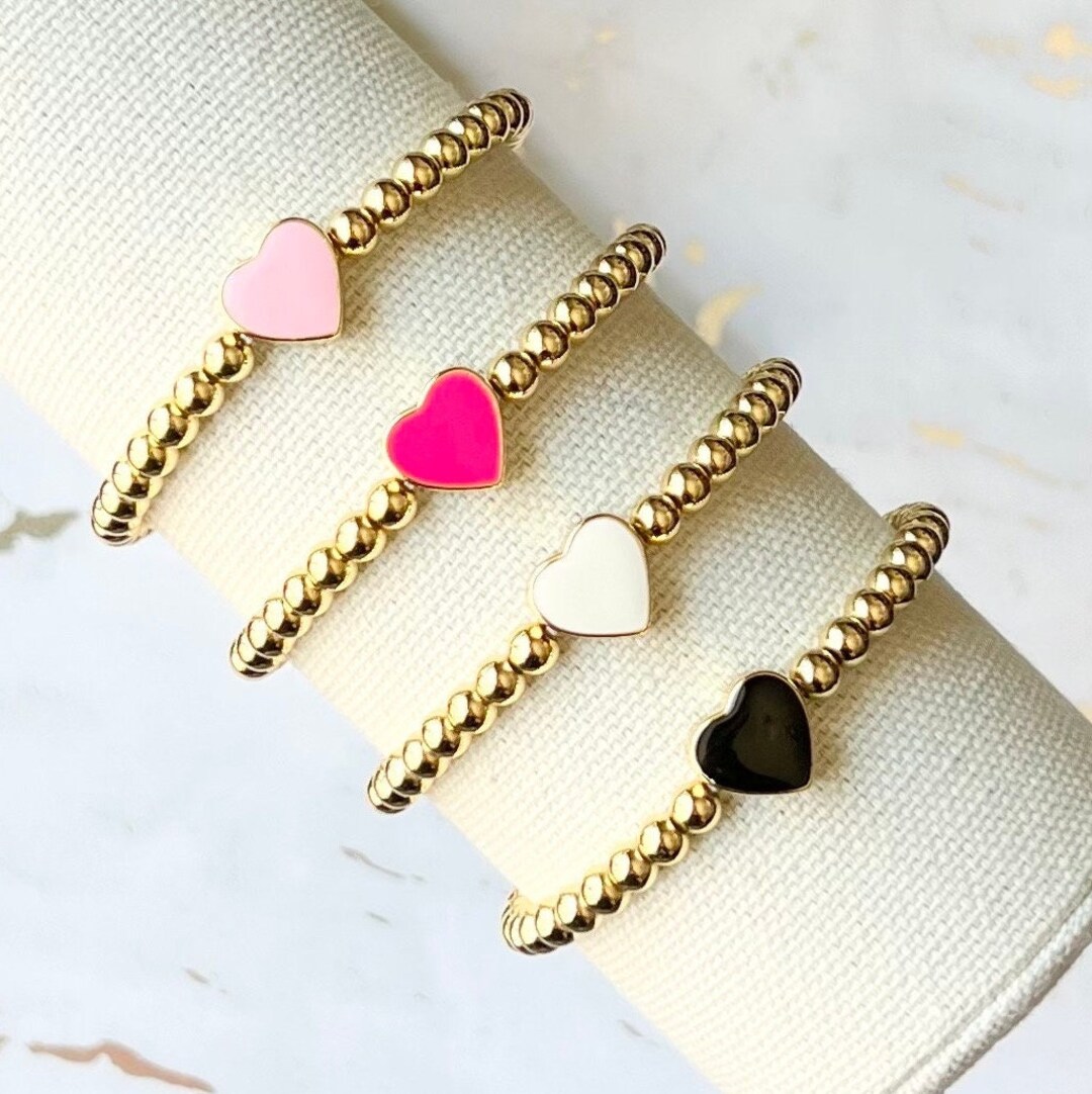 Enamel Heart Bracelet With Gold Beads Gift for Her Valentine Bracelet ...