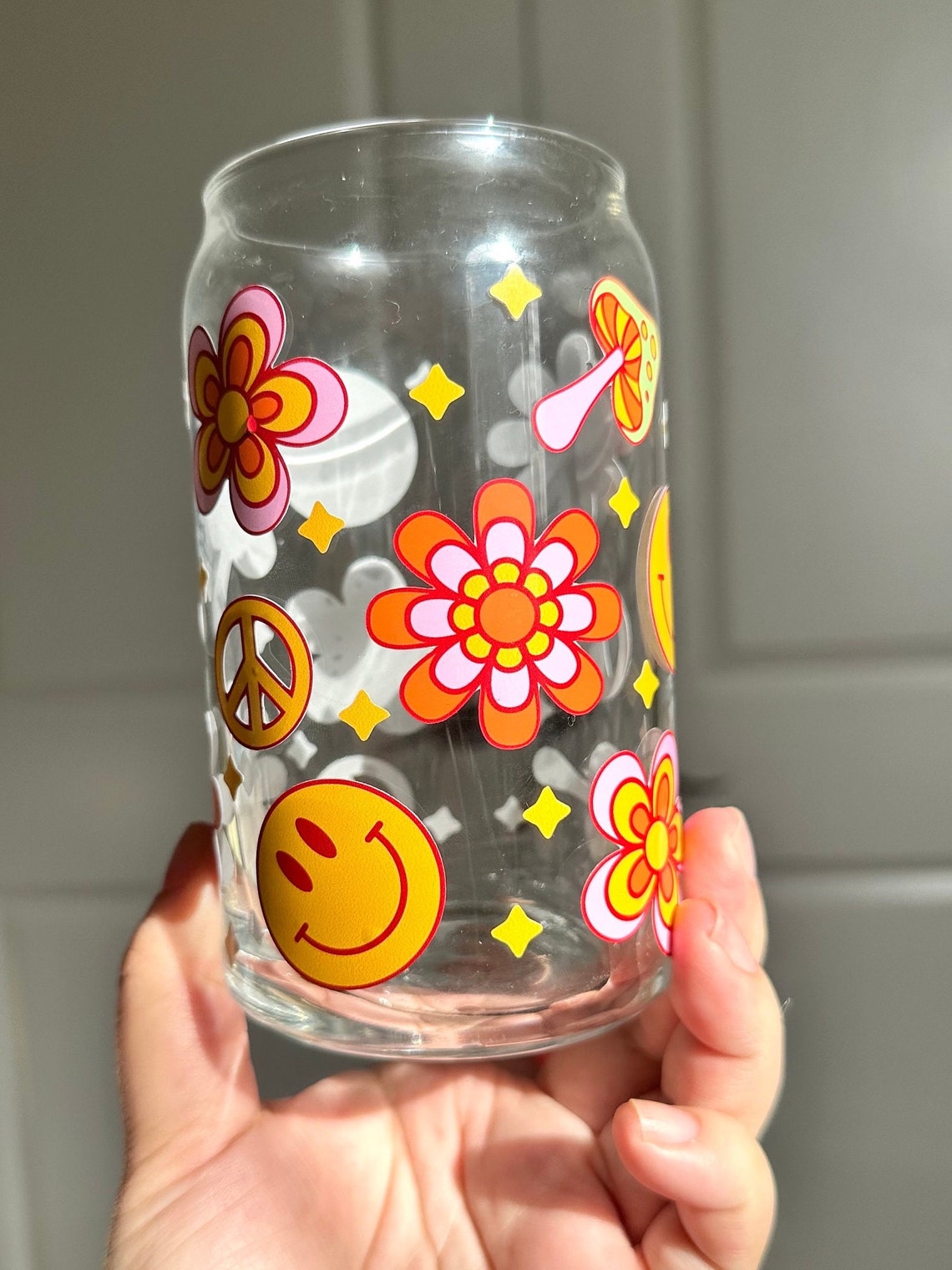 Groovy Aesthetic Peace Sign Glass Cup, Happy Face Flowers Iced Coffee ...