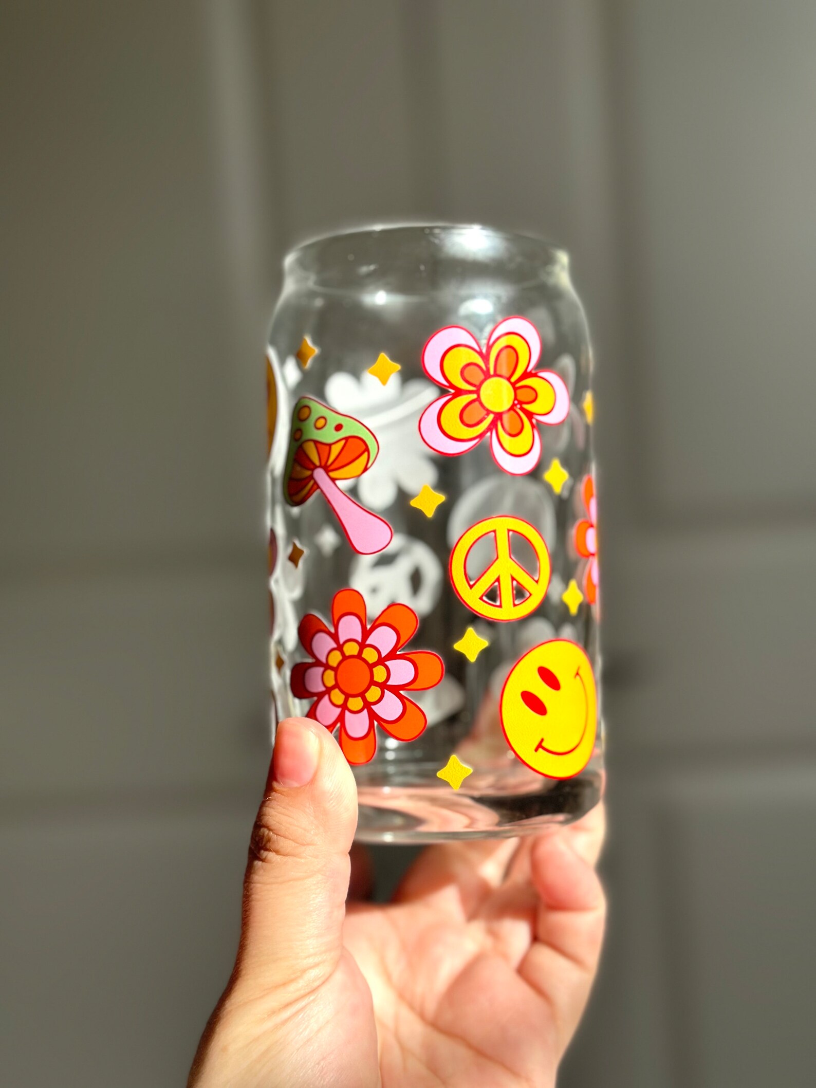 Groovy Aesthetic Peace Sign Glass Cup, Happy Face Flowers Iced Coffee ...
