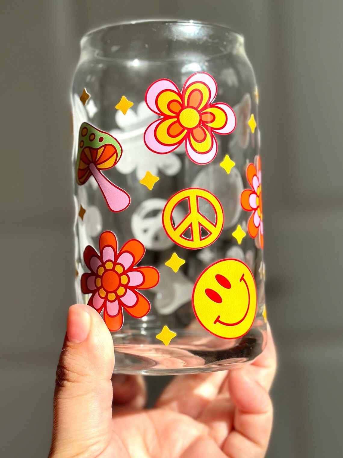 Groovy Aesthetic Peace Sign Glass Cup, Happy Face Flowers Iced Coffee ...