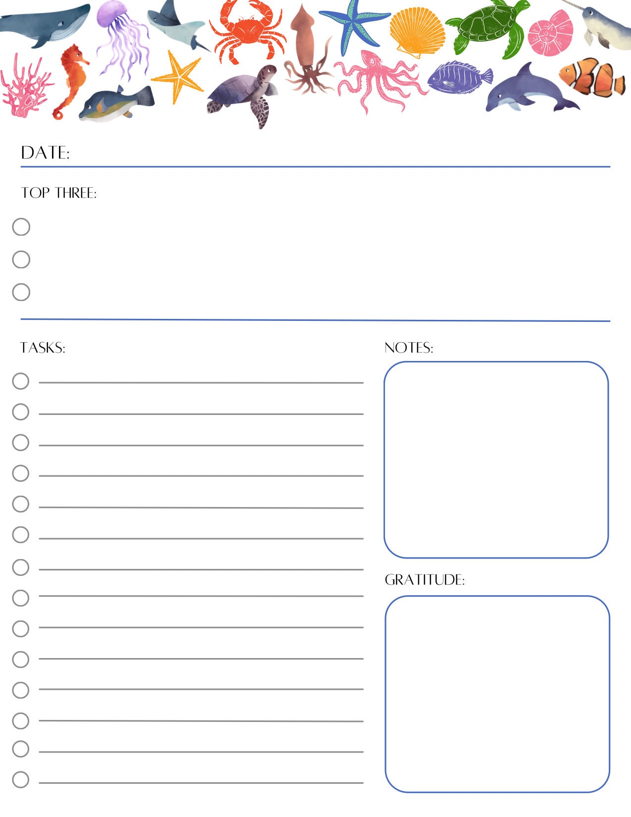 Sea Life Daily Checklist Bundle for Planning and Productivity Printable ...
