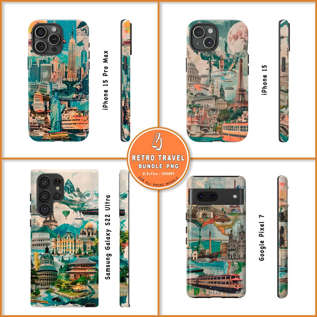 Collage Retro Travel Phone Case Bundle, Vintage 70s Sublimation Design ...