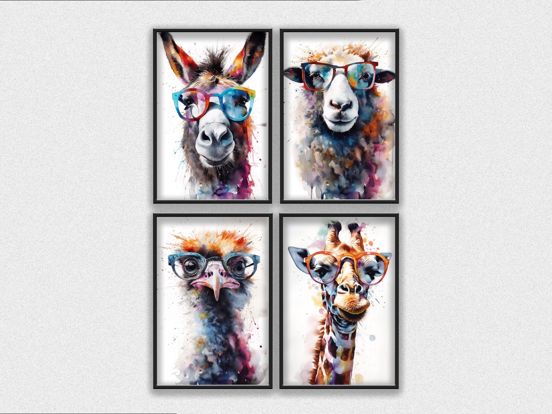 Watercolor Cute Animals Prints Set of 4, Funny Animal Bundle for Home ...
