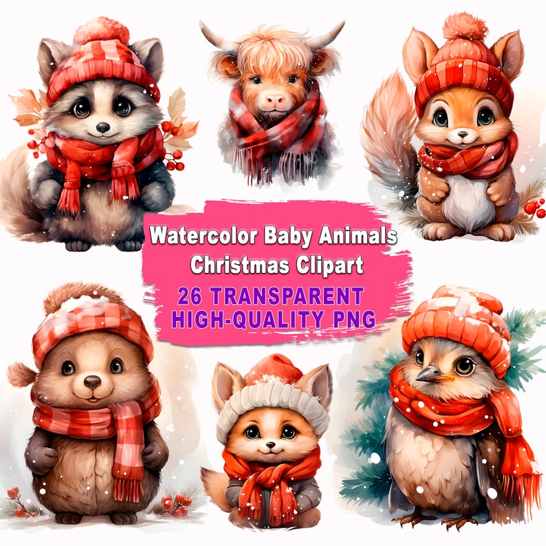 Cute Watercolor Baby Forest Animals Clipart Bundle Funny Christmas ...