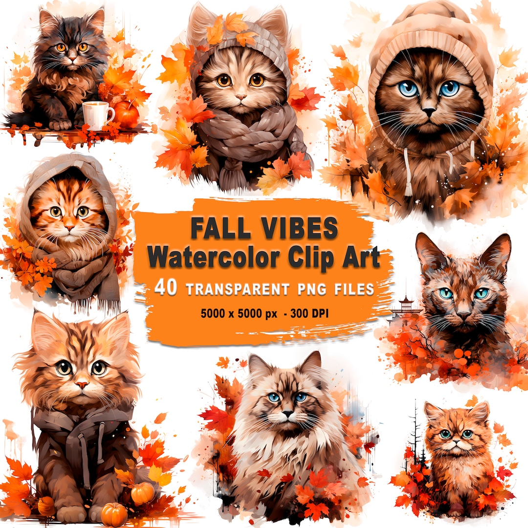 Cat Breed Fall Vibes Watercolor Clipart Bundle Autumn Cat Clip Art High ...