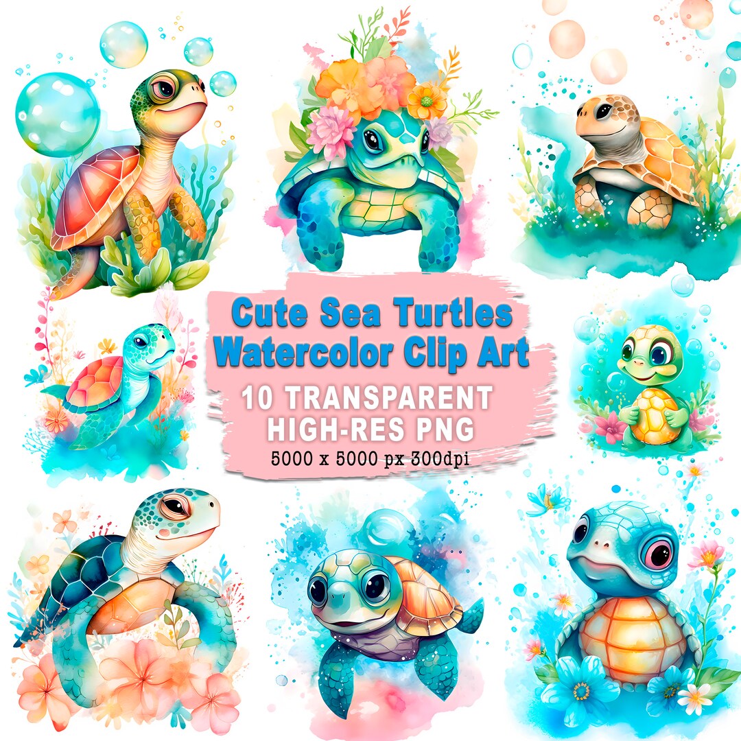 Watercolor Sea Turtle Clipart Bundle - 10 High-resolution PNG Images ...