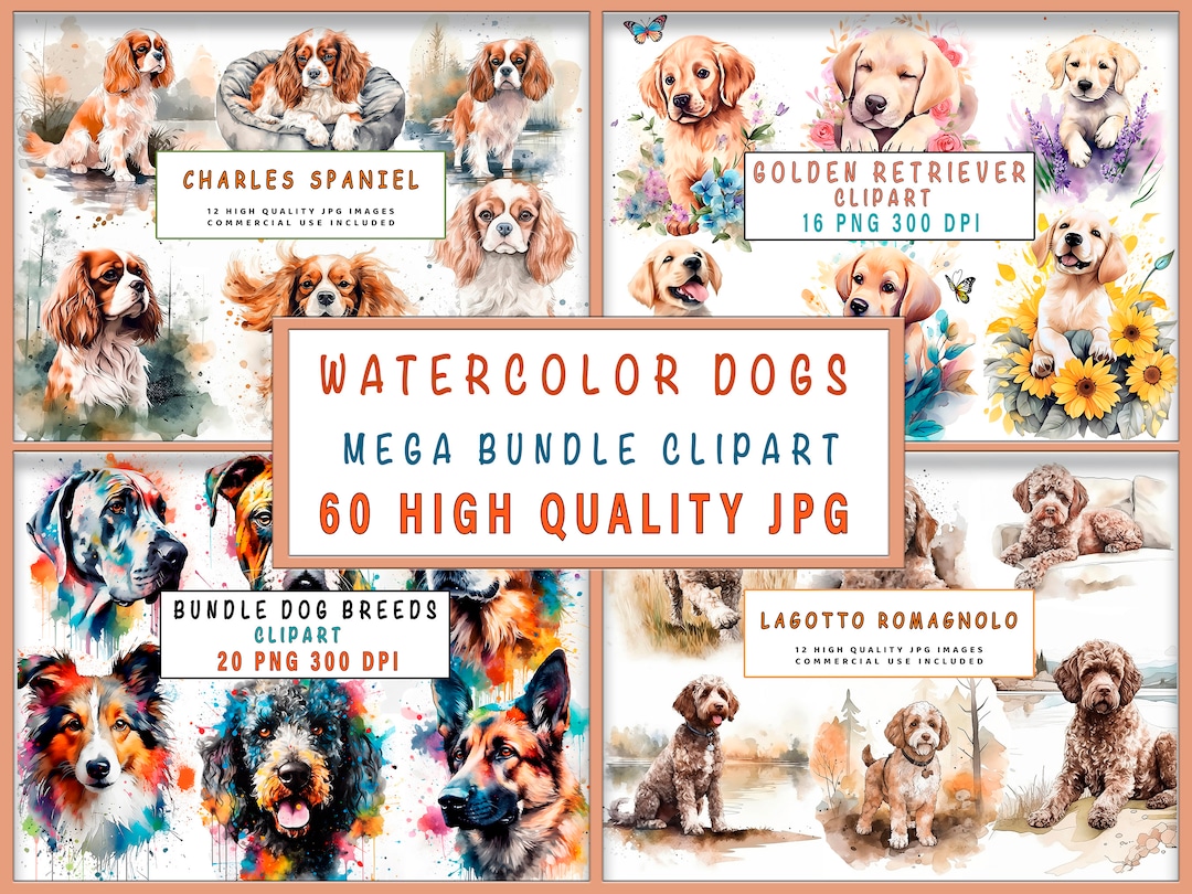 Mega Bundle Dogs Watercolor Clipart 60 High Quality Painting Dog Breeds ...