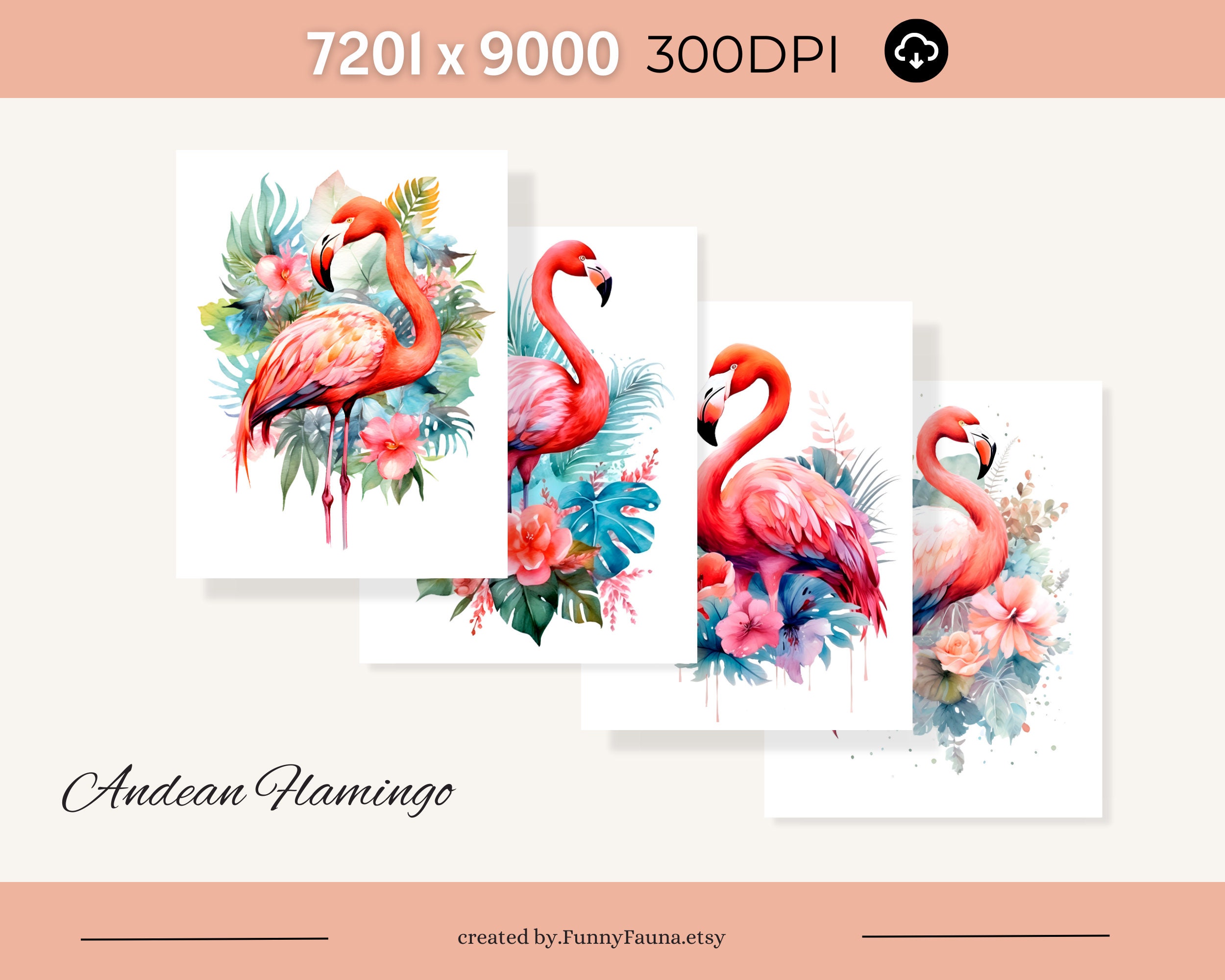 Flamingo Floral Clipart Bundle 20 High Resolution Watercolor Bird and ...