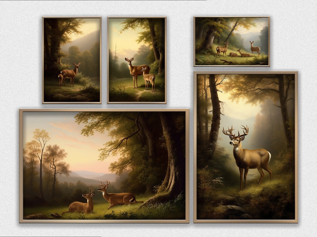Rustic Deer Painting Set of 5 Vintage Landscape Hunting Deer Art ...