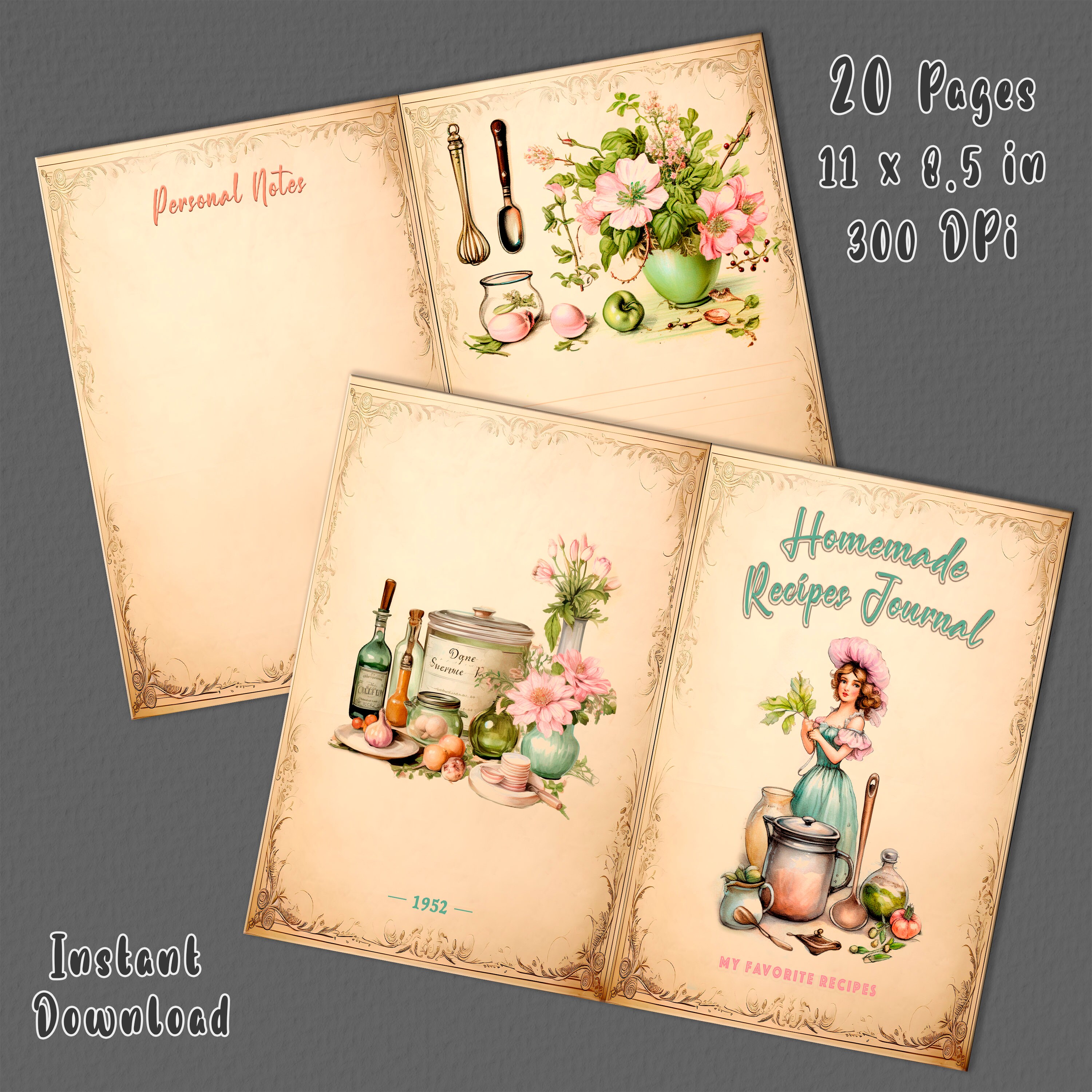 Vintage Cooking Pages Personalized Printable Cookbook Old Personal ...