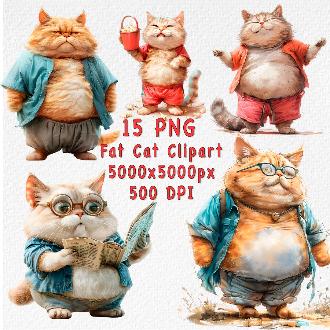 Funny Cat Pixar Animal Clipart Bundle, Fat Cat 15 PNG Cute Cat Clipart ...