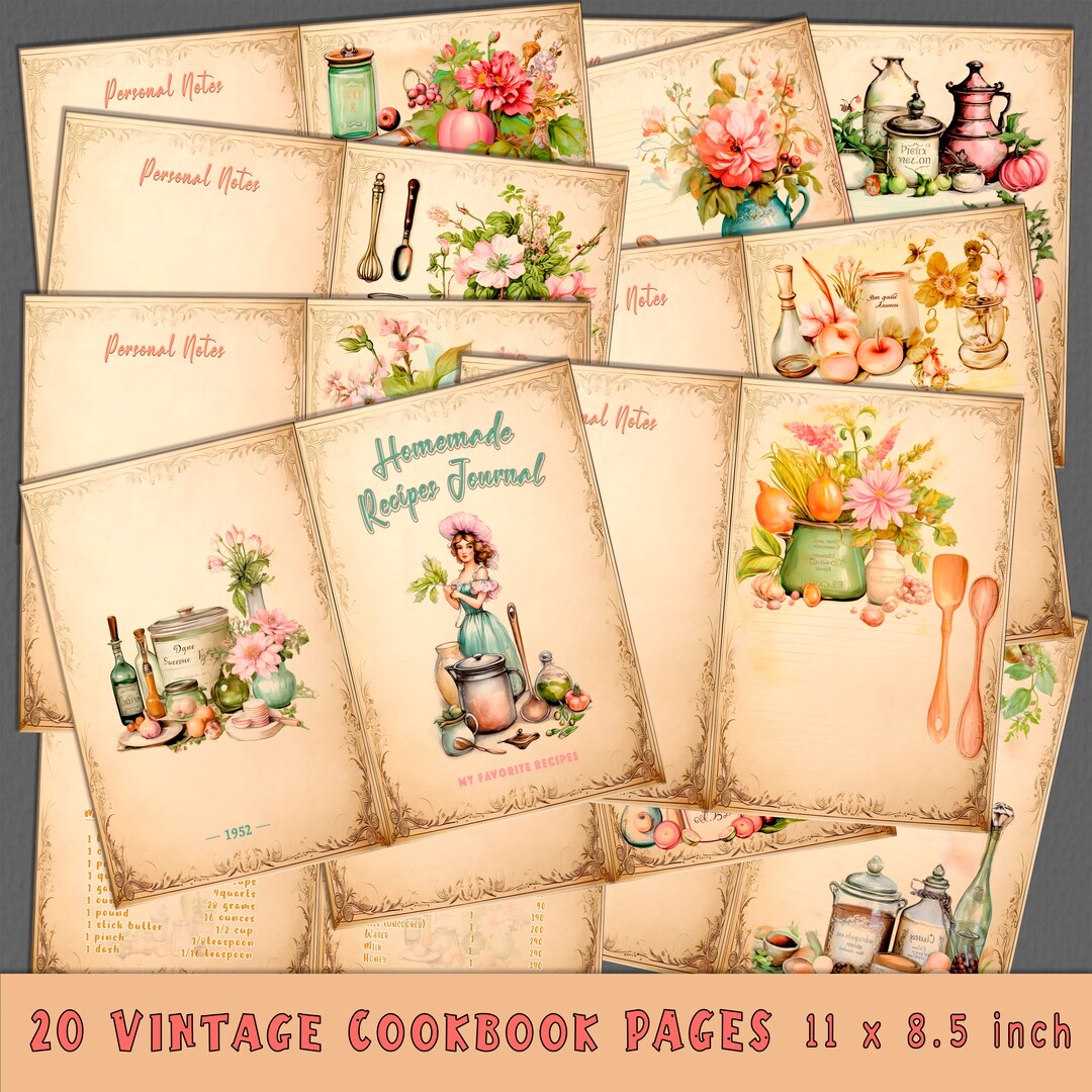 Vintage Cooking Pages Personalized Printable Cookbook Old Personal Recipe Book Organizer ...